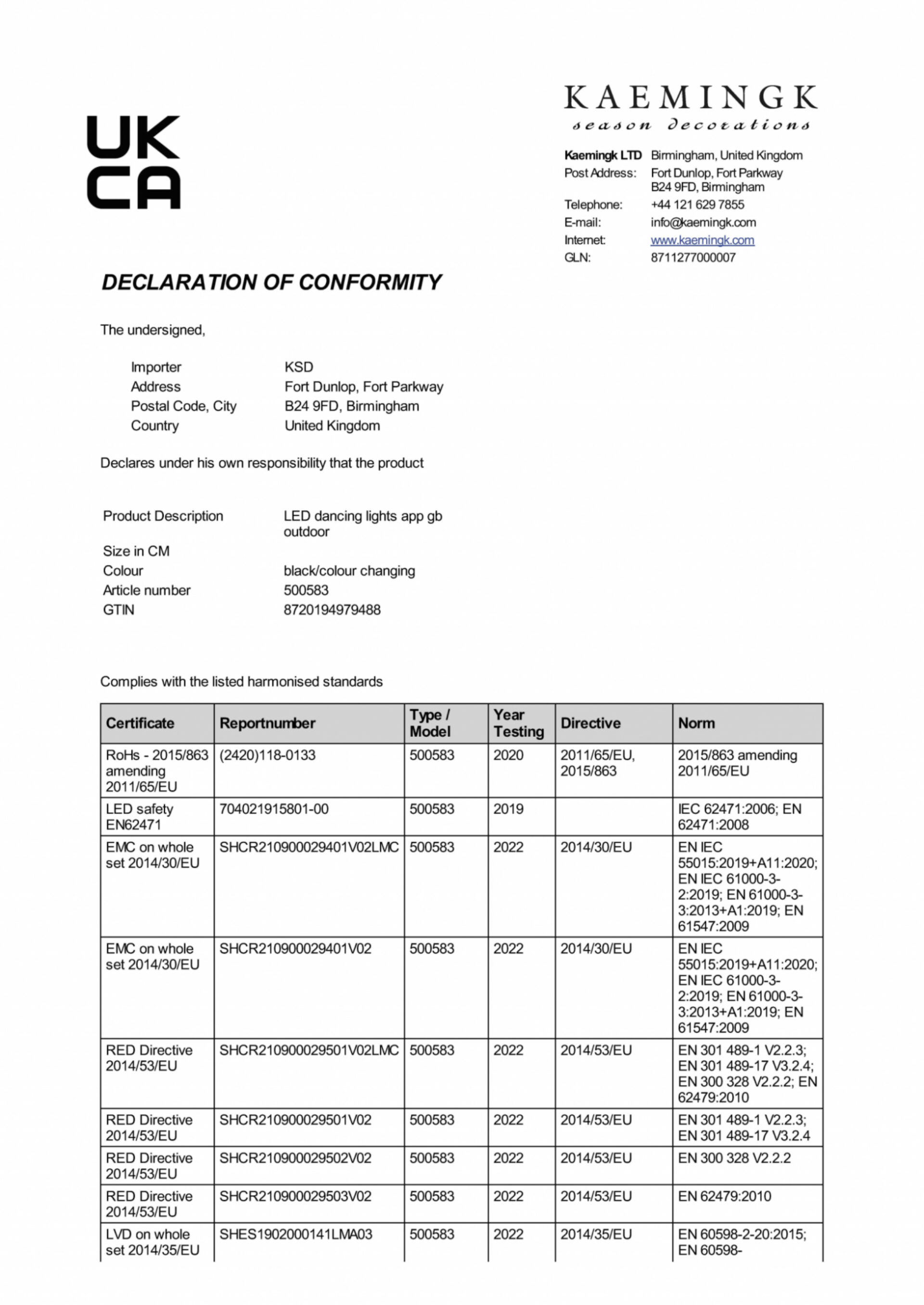 Lumineo 500583 UKCA Declaration Of Conformity